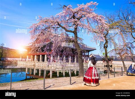 Woman With Korean Traditional Dress Hanbok In Gyeongbokgung Palace In