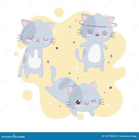 Kawaii Cartoon Cute Gray Cats Expressions Set Stock Vector