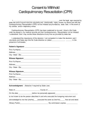 Fillable Online Consent To Withhold Cardiopulmonary Resuscitation CPR