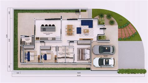 Planta de casa térrea de esquina 3 dormitórios