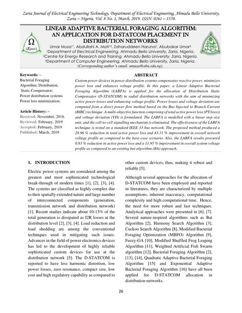 pdf linear adaptive bacterial foraging algorithm an application for d statcom placement in