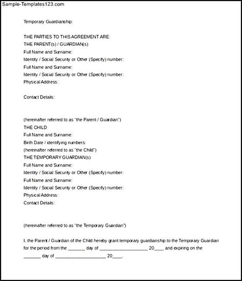 Sample Temporary Notarized Letter For Guardianship Template Printable