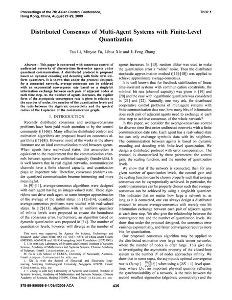 pdf distributed consensus of multi agent systems with finite level quantization