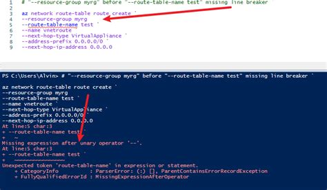 Unexpected Token Error While Creating Route Table Route Using Azure Cli