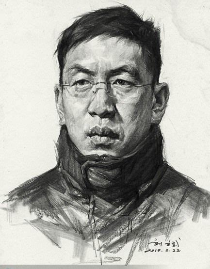 A Black And White Drawing Of A Man With Glasses On His Face Looking At