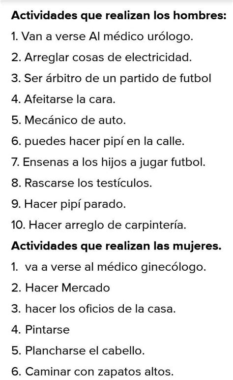 PORFAVOR ES PARA HOY 5 Actividades Que Solo Realicen Los Hombres Y 5