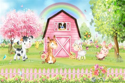 Painel De Tecido Sublimado Fazendinha Rosa Aquarela Festa Dos Bichos