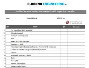 Loader Backhoe Loader Skid Loader Forklift Inspection Checklist