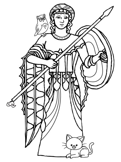 Athena With Cute Cat And Bird Coloring Page Free Printable Coloring