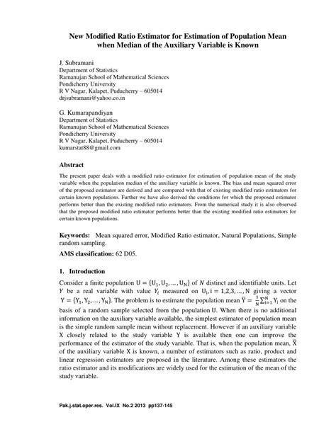 pdf a new modified ratio estimator for estimation of population mean when median of the