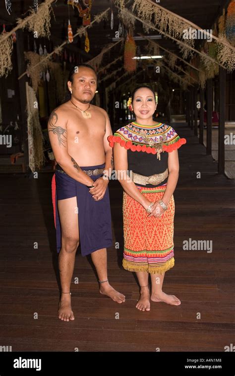 Malaysia Borneo Sarawak Cultural Village Iban Man Woman In Traditional
