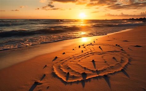 Praia Ao P R Do Sol Cora Es Desenhados Na Areia Foto Premium