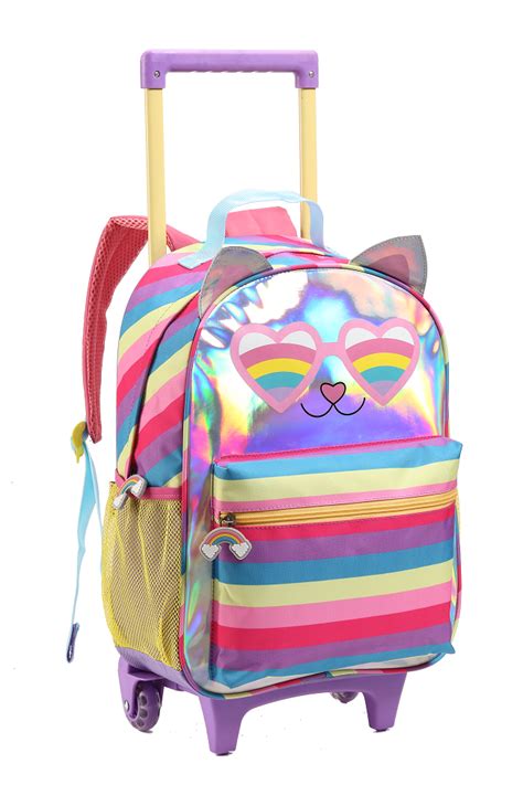 Kit Mochila Escola Rodinha Menina Arco Ris Hologr Fica