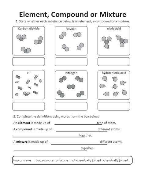 Identifying Elements Compounds And Mixtures Worksheet