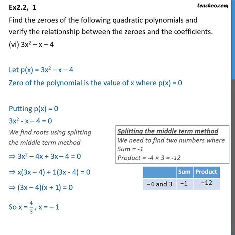 Ex 2 2 1 Vi Find Zeros Of Quadratic Polynomial 3x 2 X 4