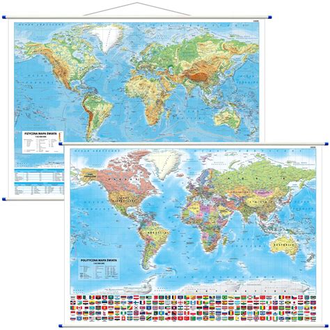 Świat mapa ścienna dwustronna polityczna fizyczna 100x70cm na 2024