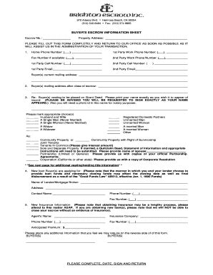 Fillable Online BUYERS ESCROW INFORMATION SHEET Fax Email Print PdfFiller