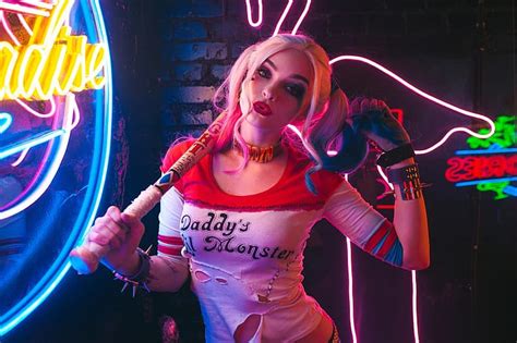 HD Wallpaper Girl Pose Neon Cosplay Baseball Bat Harley Quinn