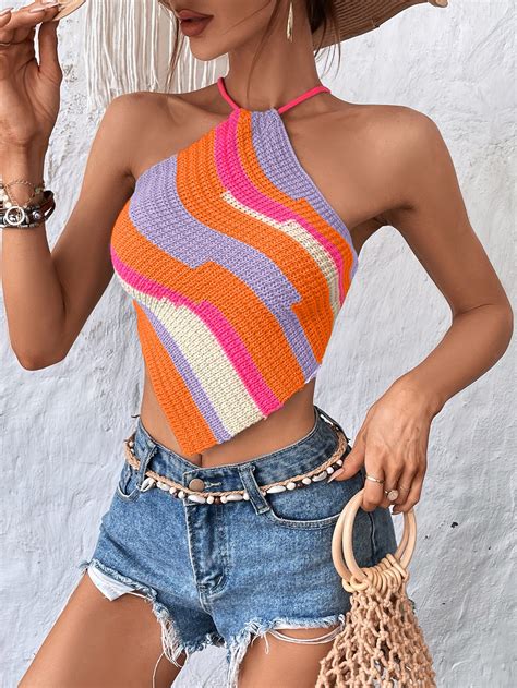 Shein Vcay Top De Punto De Color Combinado De Espalda Abierta Con Tira