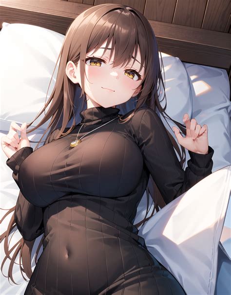 Solo Long Hair Brunette Big Boobs Original Characters Lying Down