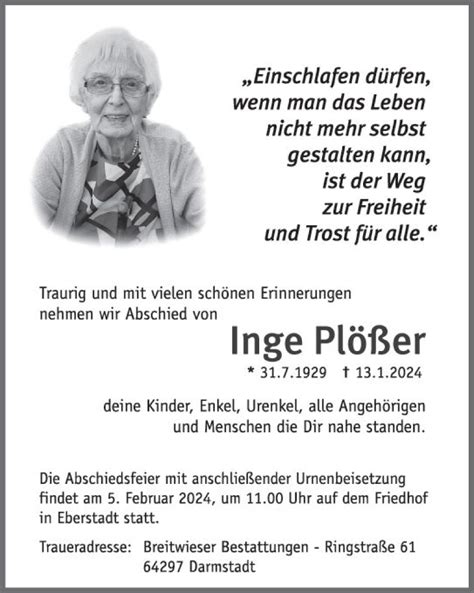 Traueranzeigen von Inge Plößer vrm trauer de
