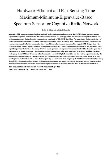 pdf hardware efficient and fast sensing time maximum minimum eigenvalue based spectrum sensor