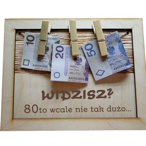 Drewniana kartka na 80 urodziny z miejscem na pieniądze Mr Gadżet