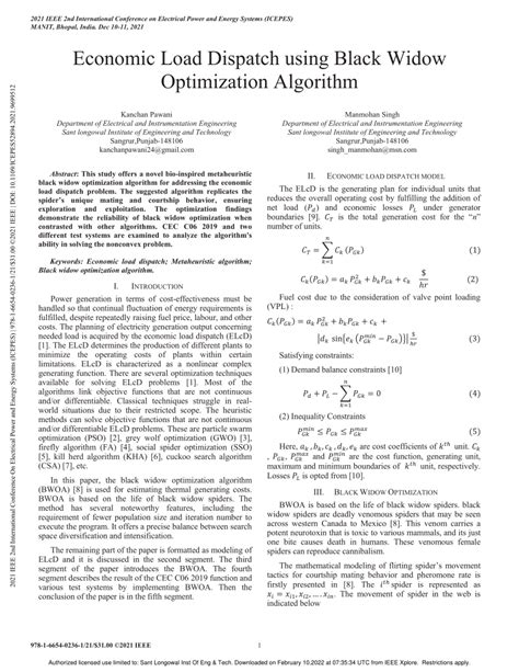 pdf economic load dispatch using black widow optimization algorithm