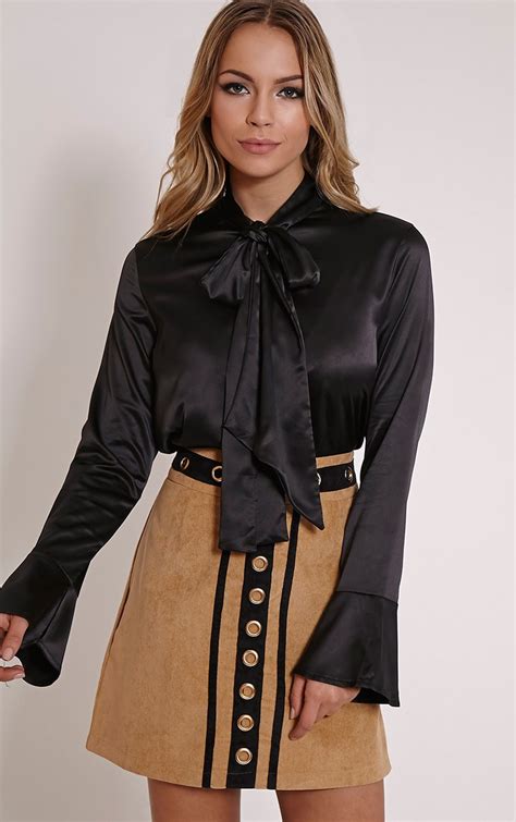 Amelia Black Satin Pussy Bow Blouse Tops Prettylittlething