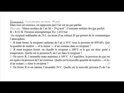 Exercice Corrig Sur Les Gaz Parfaits Bac Youtube