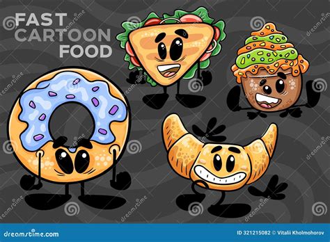 A Set Of Fast Food Cartoon Characters Hand Drawn Vector Illustration