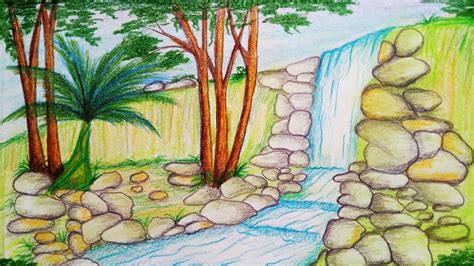 How To Draw Scenery Of Stream Waterfall Step By Step Easy Draw YouTube
