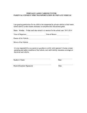 Fillable Online Plcc PARENTAL CONSENT FOR TRANSPORTATION BY PRIVATE