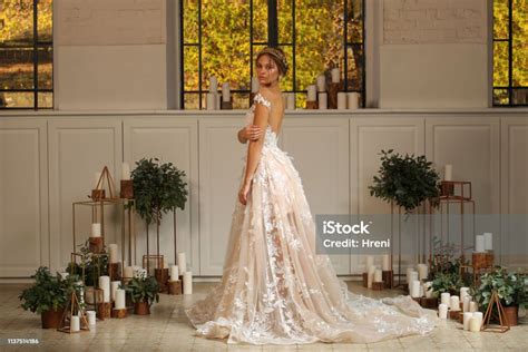 Wunderschönes Blondes Model Posiert In Luxuriösem Hochzeitskleid Stockfoto Und Mehr Bilder Von