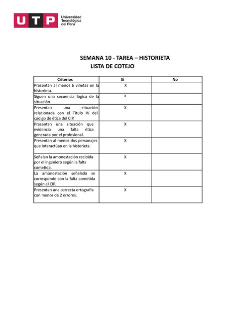 Semana 10 Material De Trabajo Lista De Cotejo SEMANA 10 TAREA