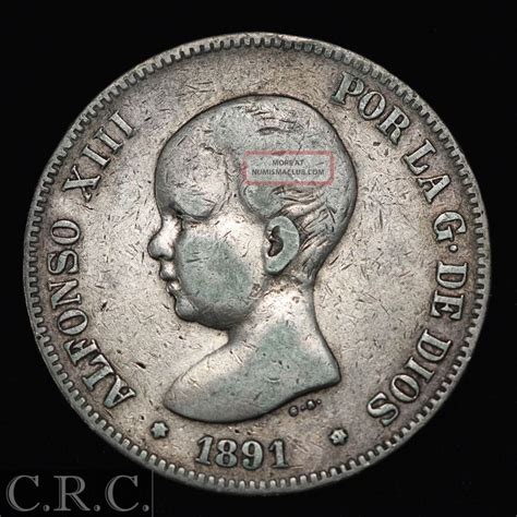 Spain 5 Pesetas 1891 Silver Crown Very Fine