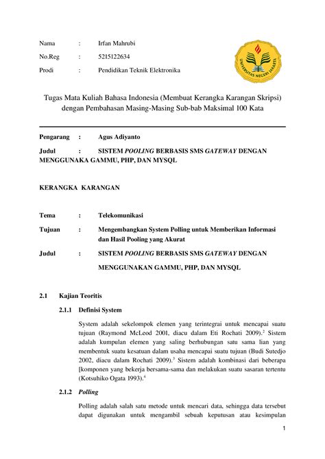 DOCX Tugas Bahasa Indonesia Membuat Kerangka Karangan Skripsi
