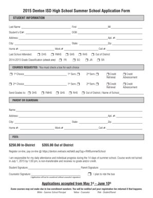 Fillable Online Dentonisd 2015 Denton ISD High School Summer School