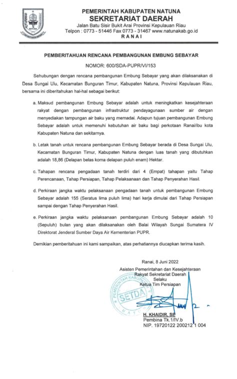 Pemberitahuan Rencana Pembangunan Embung Sebayar Dinas Pupr Kab Natuna