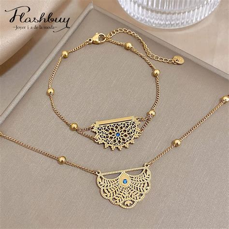 Flashbuy Collar Y Pulsera Con Colgante De Flor De Cola De Pavo Real