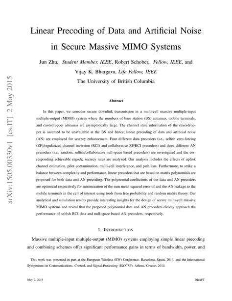 pdf linear precoding of data and artificial noise in secure massive mimo systems