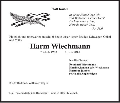 Traueranzeigen Von Harm Wiechmann Nordwest Trauer De