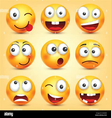 Smiley Emoticons Set Yellow Face With Emotions Facial Expression 3d