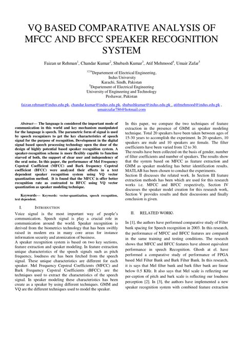 pdf vq based comparative analysis of mfcc and bfcc speaker recognition system