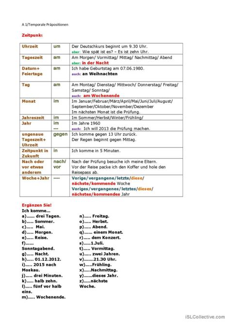 Präpositionen temporal Deutsch DAF Arbeitsblätter pdf doc
