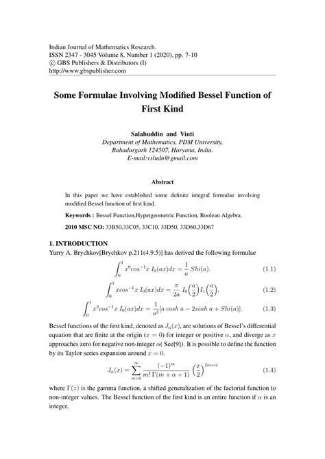 pdf some formulae involving modified bessel function of first kind