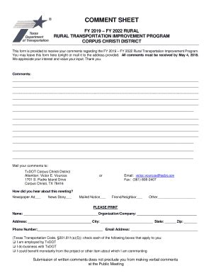 Fillable Online Ftp Dot State Tx Comment Sheet Ftp Dot State Tx Us
