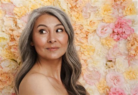 Smiling Mature Topless Woman Standing Posing Stock Image Image Of