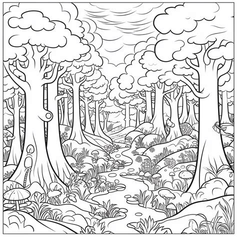 Ausmalbild Große Bäume im Wald Ausmalbild kostenlos herunterladen