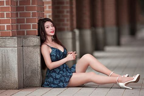 Asian Model Women Long Hair Dark Hair Sitting HD Wallpaper